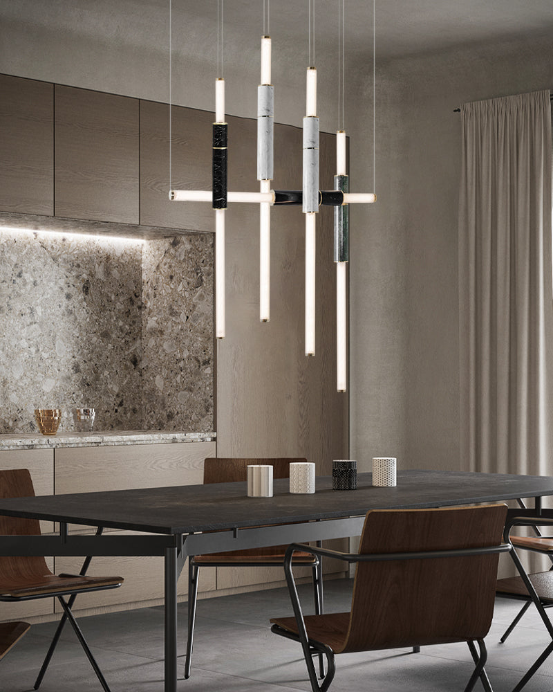 Slim Alabaster Linear Pipe Pendant Light - Silver, Green & Black - sus